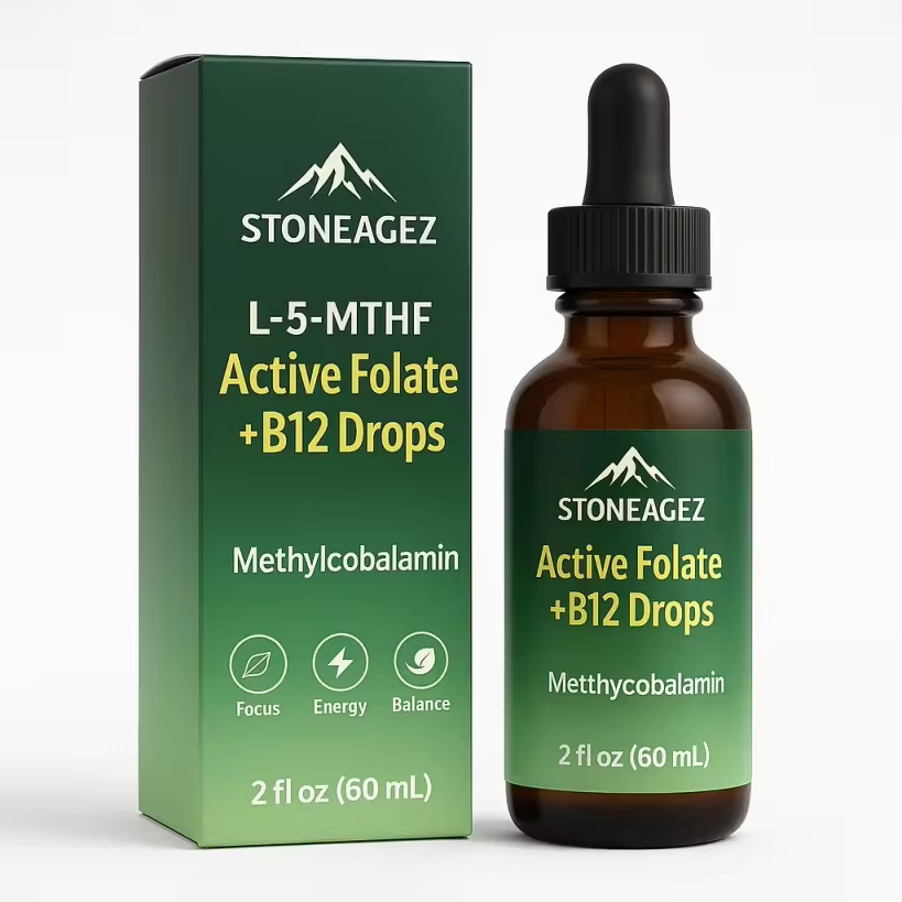 StoneAgez Active Folate L-5-MTHF + B12 Drops 60ml| High-Absorption Met
